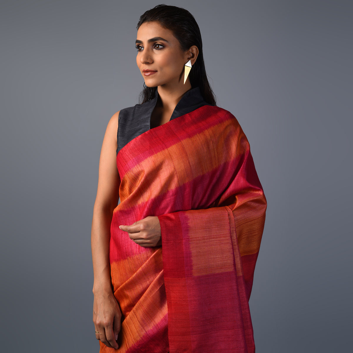 Ikat Tussar Bijli Handwoven Silk Saree - Sage Orange – Vrikshdesigns